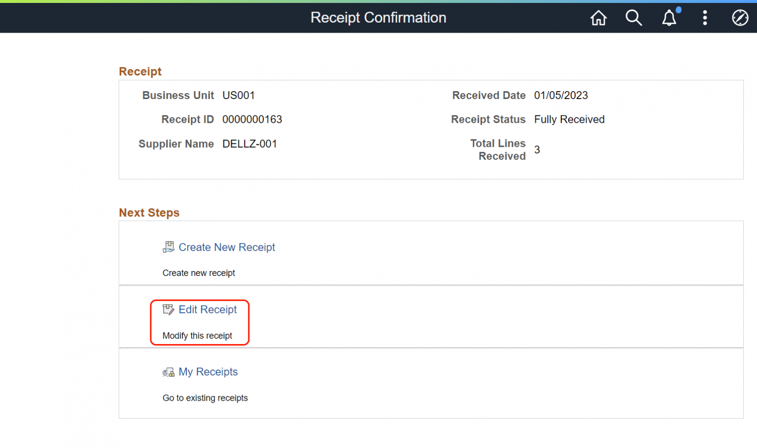 PeopleSoft FSCM Update Image 45 | Manage Receipts