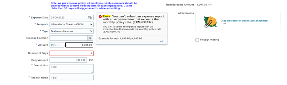 Oracle HCM Cloud - Expense Restricting Rate Limits in Expense