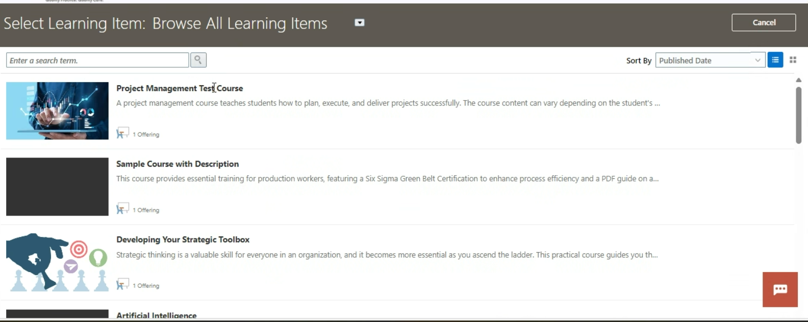 Noncatalog Course Request in Oracle Learning Cloud